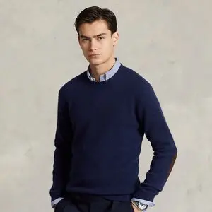 Ralph Lauren Suede-Patch Wool-Cashmere Turtleneck Sweater Spring Navy Heather