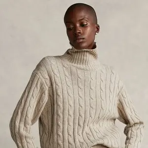 Ralph Lauren Cable-Knit Turtleneck Sweater Light Taupe Melange