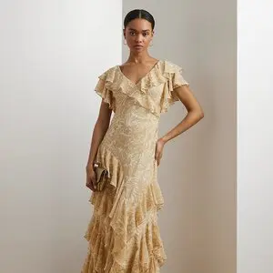 Ralph Lauren Floral Ruffle-trim Georgette Gown
