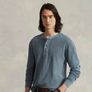 Ralph Lauren Waffle-Knit Henley Shirt Anchor Blue