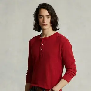Ralph Lauren Waffle-Knit Henley Shirt Northwest Deep Red