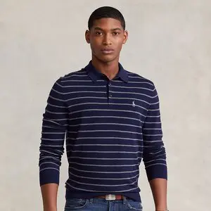 Ralph Lauren Washable Wool Polo-Collar Sweater Navy/grey Stripe