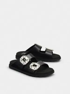 ROGER VIVIER Slidy Viv Leather Mules With Crystal Buckles - Black