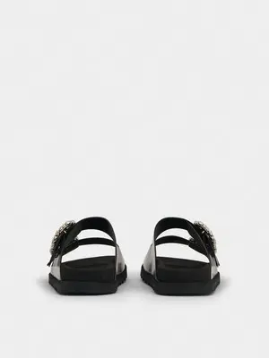 ROGER VIVIER Slidy Viv Leather Mules With Crystal Buckles - Black