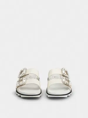 ROGER VIVIER Slidy Viv Mules In Leather With Crystal Buckles - Off White