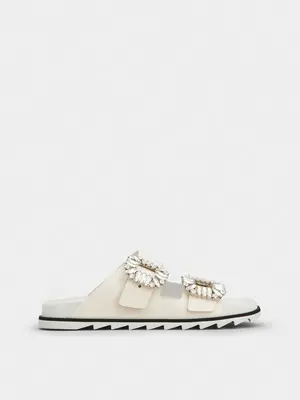 ROGER VIVIER Slidy Viv Mules In Leather With Crystal Buckles - Off White