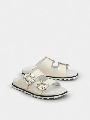 ROGER VIVIER Slidy Viv Mules In Leather With Crystal Buckles - Off White