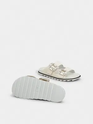 ROGER VIVIER Slidy Viv Mules In Leather With Crystal Buckles - Off White