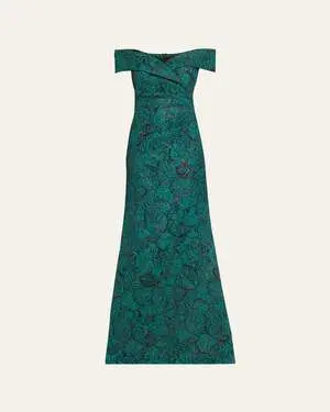Rickie Freeman For Teri Jon Rickie Freeman For Teri Jon Off-Shoulder Jacquard Gown - Grn/blk