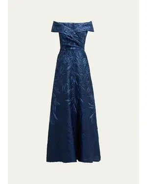 Rickie Freeman For Teri Jon Off-shoulder Jacquard Gown - Navy