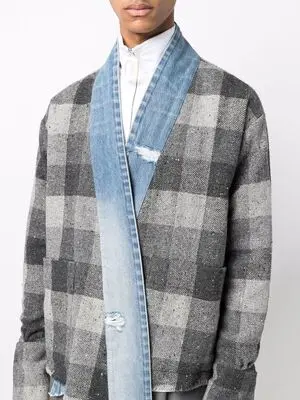 GREG LAUREN Denim-trim Checked Shacket - Grey