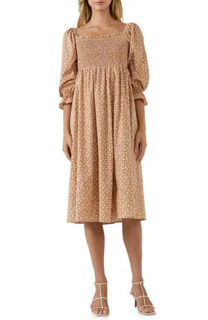 English Factory Floral Smocked Midi Dress - Tan Multi