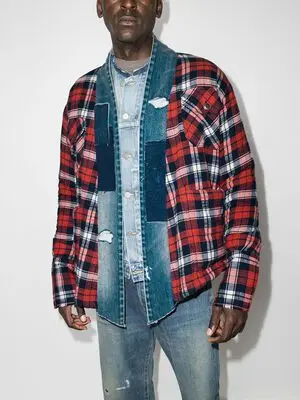 GREG LAUREN Plaid Flannel And Denim Cardigan - Blue