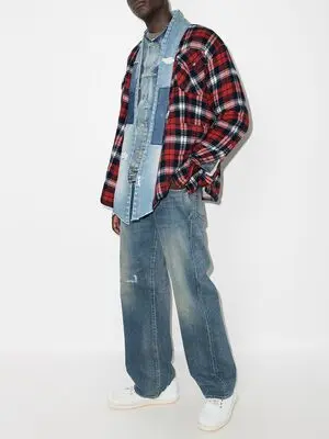 GREG LAUREN Plaid Flannel And Denim Cardigan - Blue