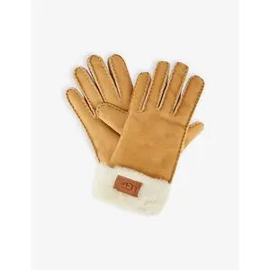 UGG Logo-embroidered Turn-up Leather And Shearling Gloves Chestnut