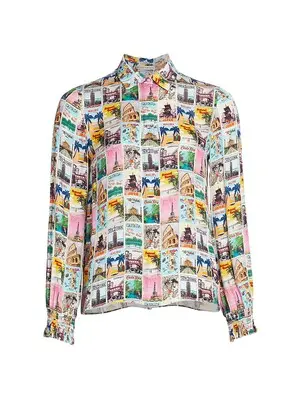 Alice + Olivia Alice + Olivia Willa Smocked-Cuff Postcard Printed Shirt - Wanderlust Postcard