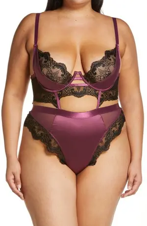 OH LA LA CHERI Cadence Strappy Eyelash Lace & Satin Underwire Teddy - Italian Plum/black
