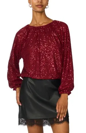 Vince Camuto Balloon Sleeve Sequin Blouse - Crimson