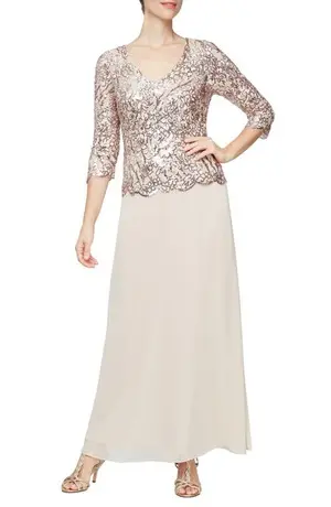 Alex Evenings Sequin Bodice Gown - Sand