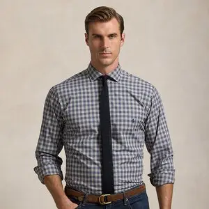 Ralph Lauren Plaid Stretch Poplin Shirt Grey Heather Navy