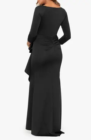 XSCAPE EVENINGS Ruched Scuba Knit Ruffle Gown - Black
