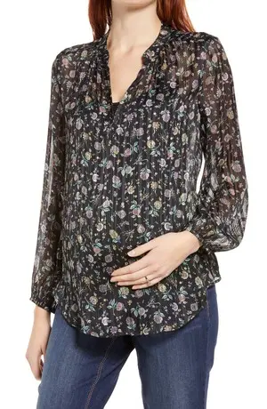 MATERNAL AMERICA Mandarin Collar Maternity Blouse - Black Tea Floral Print