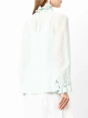 Shiatzy Chen Mulberry Silk Frilled High Neck Blouse - Blue