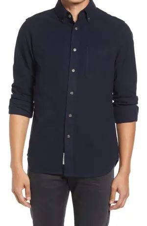 SCHOTT Heather Flannel Long Sleeve Button-up Shirt - Navy