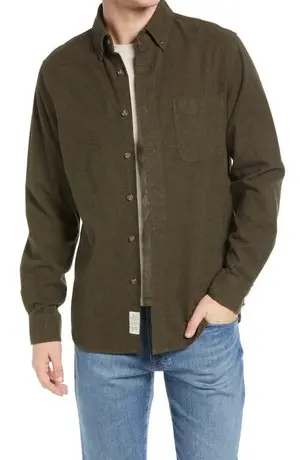 SCHOTT Heather Flannel Long Sleeve Button-up Shirt - Olive