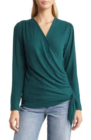 Loveappella Long Sleeve Faux Wrap Top - Hunter