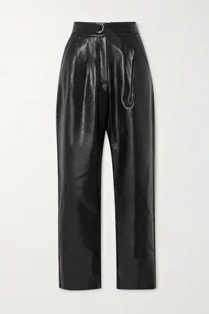CAES Belted Pleated Faux Leather Straight-leg Pants