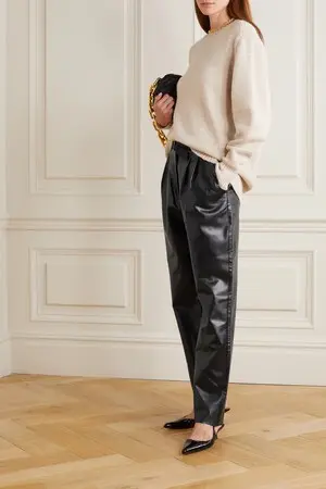 CAES Belted Pleated Faux Leather Straight-leg Pants