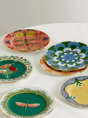 La DoubleJ Set Of Six Gold-plated Porcelain Dessert Plates - Green