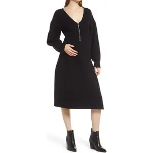 EMILIA GEORGE Eva Long Sleeve Merino Wool-blend Maternity Sweater Dress - Black
