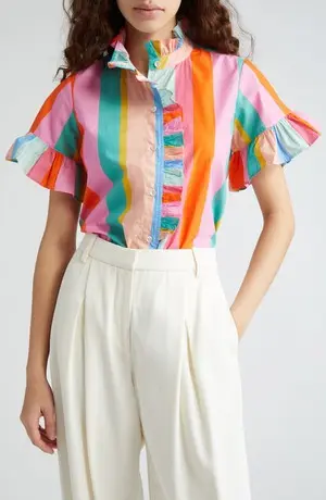 Mille MILLE Vanessa Ruffle Detail Cotton Blouse Confetti Stripe