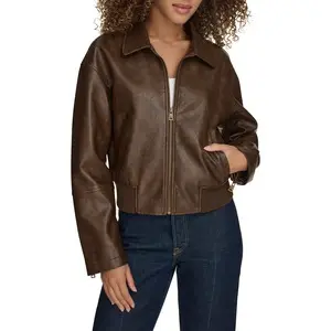Women's Faux Leather Jackets with Spread Collar