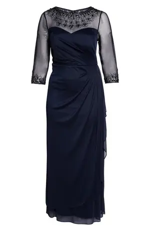 Alex Evenings Beaded Illusion Neck A-line Gown