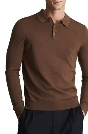 REISS Trafford Wool Polo Sweater Toffee Brown