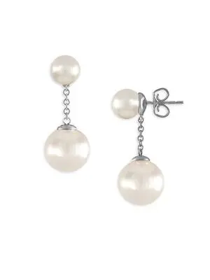 Majorica Majorica Double White Pearl Drop Earrings - White Silver