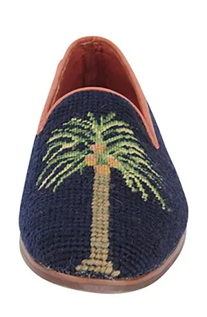 BYPAIGE By Paige Needlepoint Palm Tree Flat - Navy