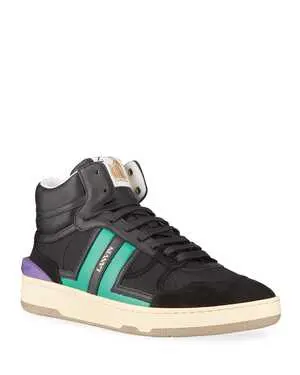 LANVIN Men's Clay Mix-media High-top Sneakers - Blackmint Green