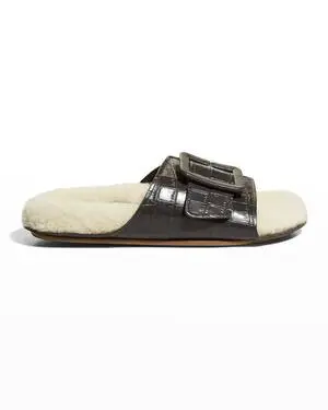 DEFINERY Loop Mock-croc Buckle Shearling Slide Sandals - Sambuca