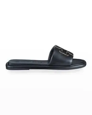 Tory Burch Double T Leather Medallion Slide Sandals - Perfect Black  Gold