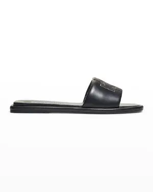 Tory Burch Double T Leather Medallion Slide Sandals Perfect Navy Gol