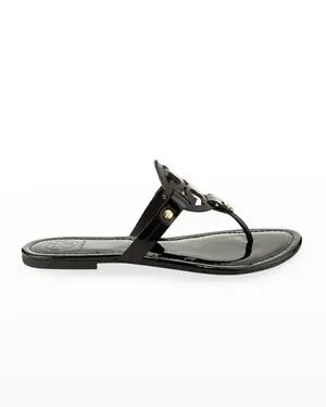 Tory Burch Miller Medallion Patent Leather Flat Thong Sandals Black