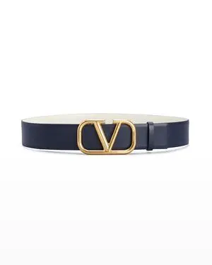 Valentino Garavani VLOGO Leather Belt Marine/lt Ivory