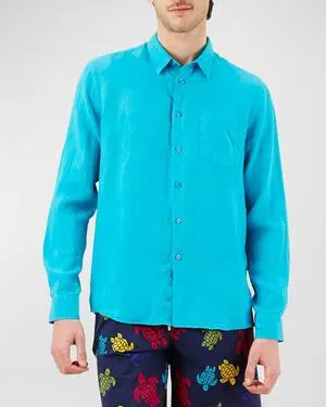 Vilebrequin Men & Apos;s Caroubis Solid Linen Sport Shirt Curacao