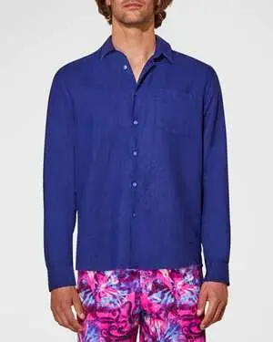 Vilebrequin Men & Apos;s Caroubis Solid Linen Sport Shirt Deep Ink
