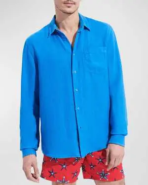 Vilebrequin Men & Apos;s Caroubis Solid Linen Sport Shirt Earthenware