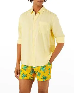Vilebrequin Men & Apos;s Caroubis Solid Linen Sport Shirt Popcorn